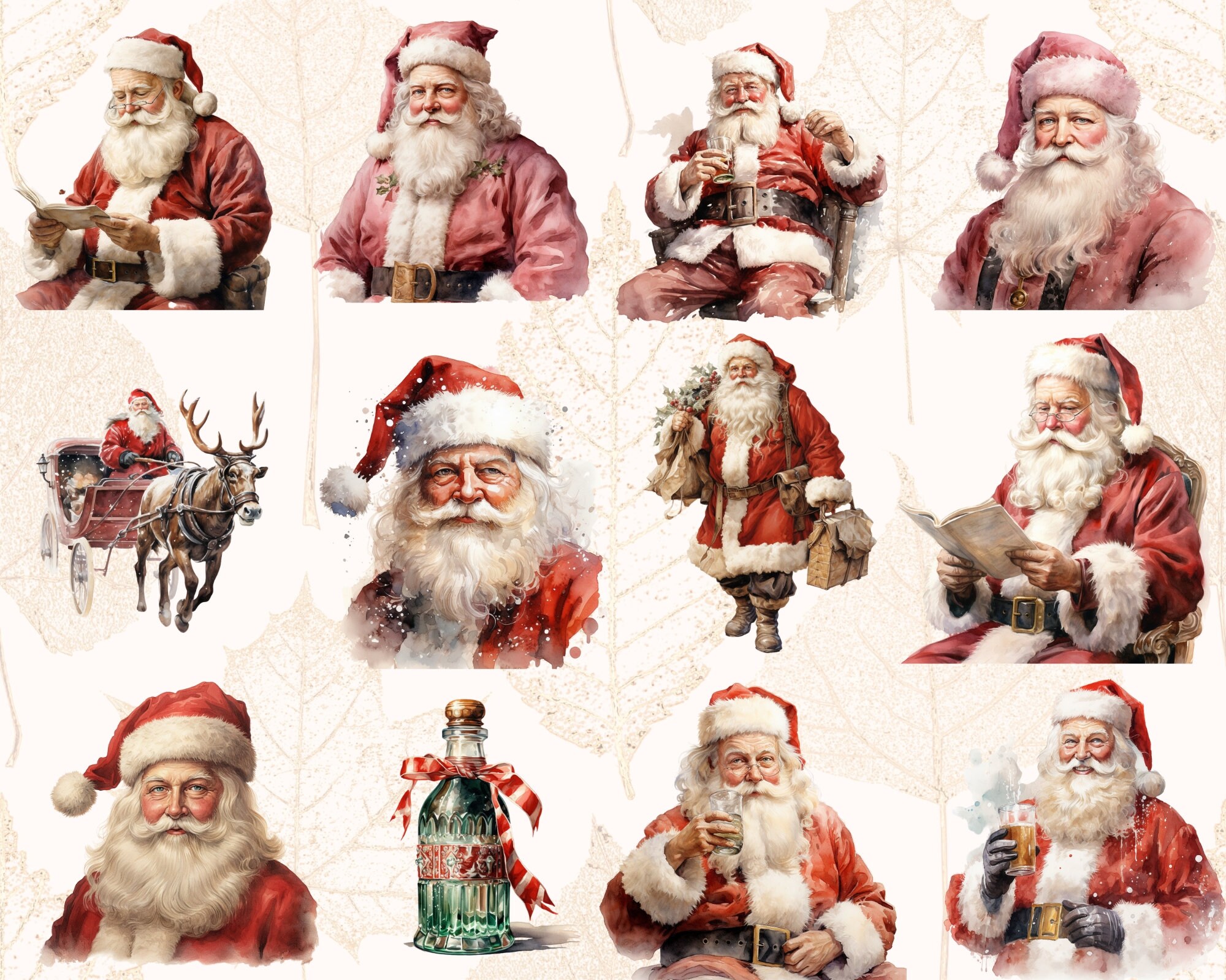 Vintage Santa Claus Clipart Bundle 20 PNG, Christmas Card Clipart ...