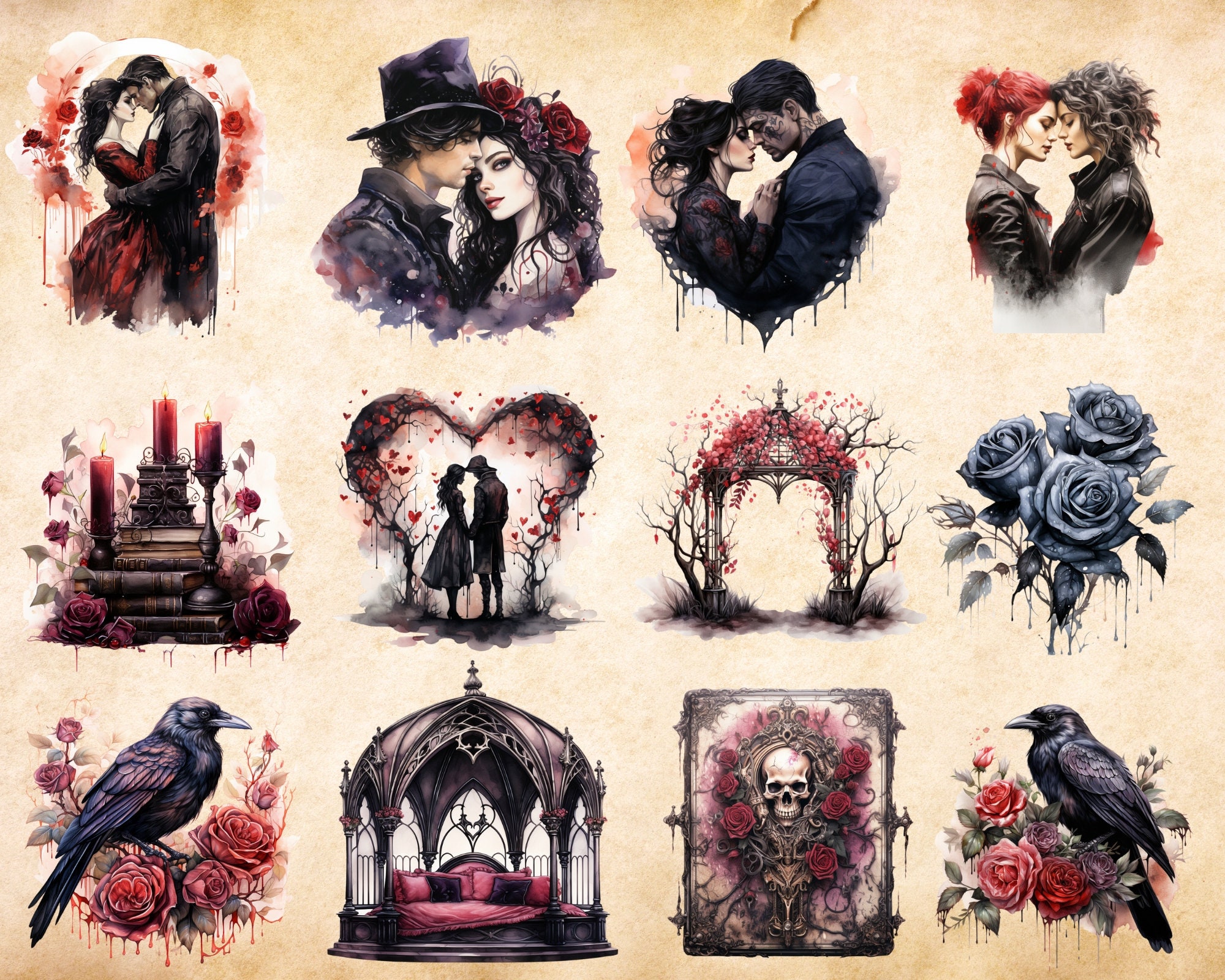 Gothic Romance Clipart Bundle (70 PNG), Dark Fantasy Love, Romantasy ...