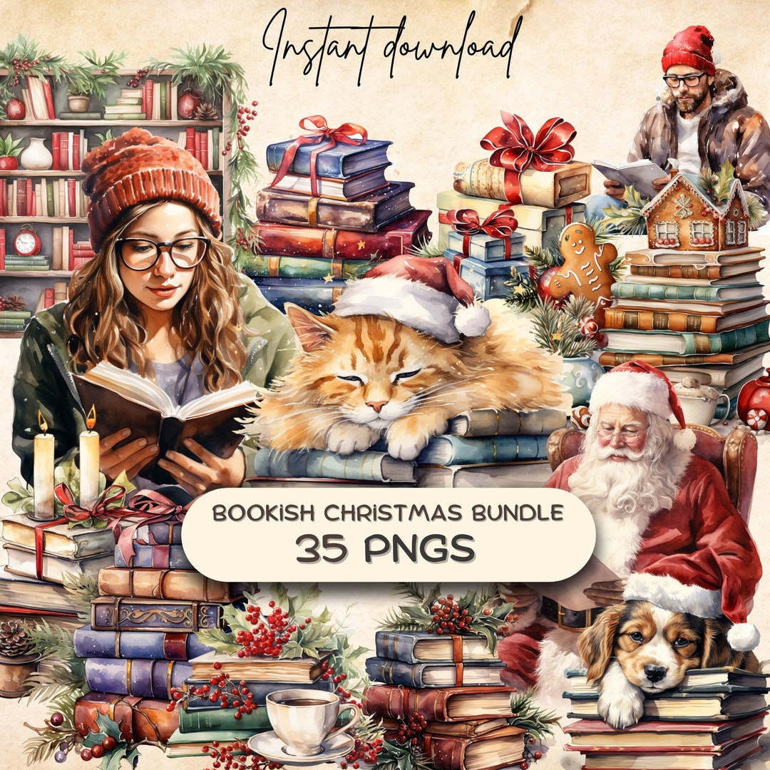 Holiday Bookish Clipart (35 Pngs), Bookworm Christmas Season, Cozy ...