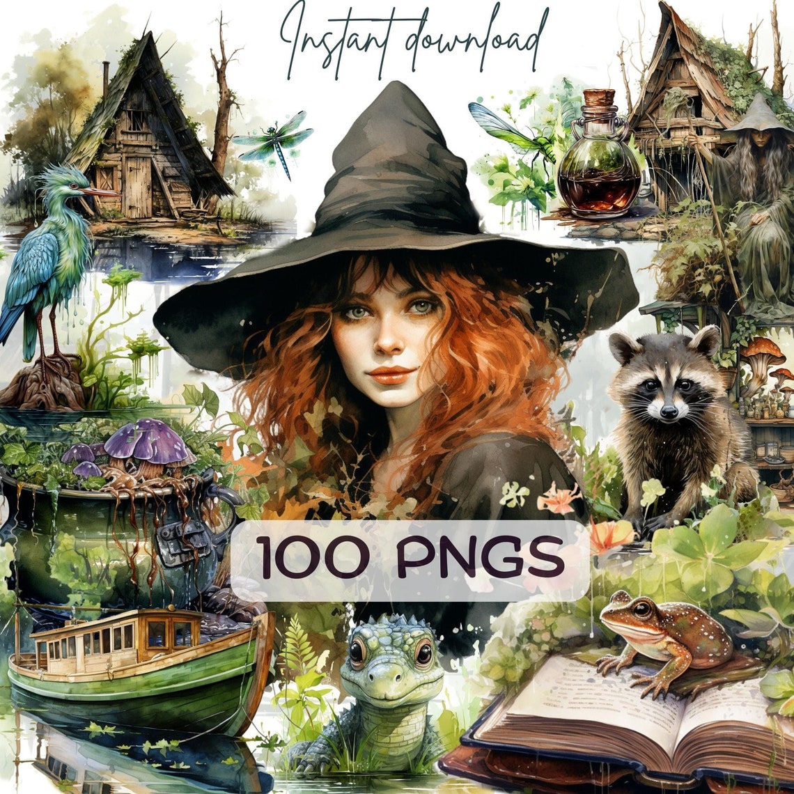 Swamp Witch Clipart 100 PNG, Shabby Chic Fantasy Scrapbooking, Nature ...