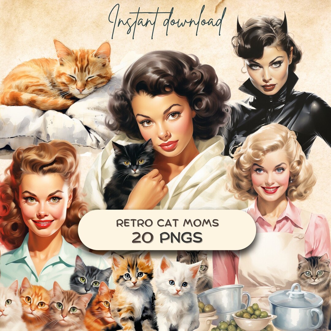 50s Cat Mom Clipart Bundle (20 Pngs), Retro Mid-century Women, Vintage ...