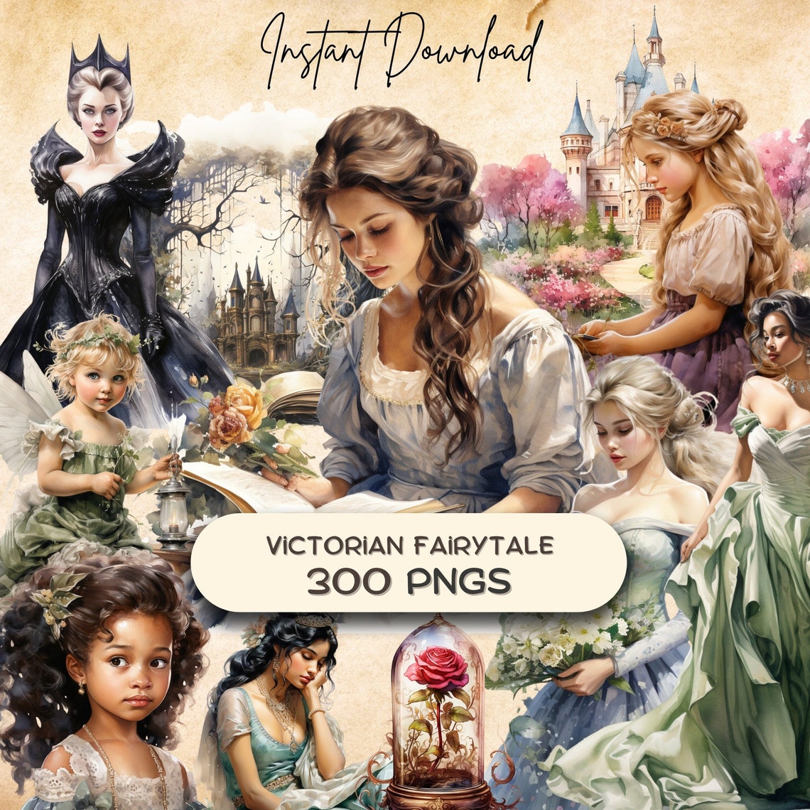 Victorian Fairytale Clipart Mega Bundle (300 PNG), Watercolor Fantasy ...