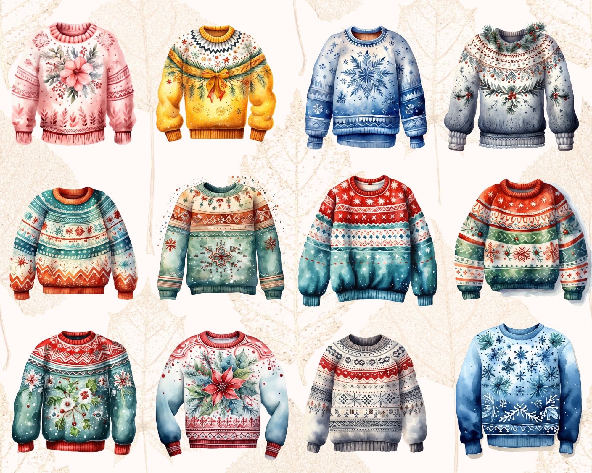 Ugly Christmas Sweater Clipart (15 PNG), Watercolor Holiday Jumper ...