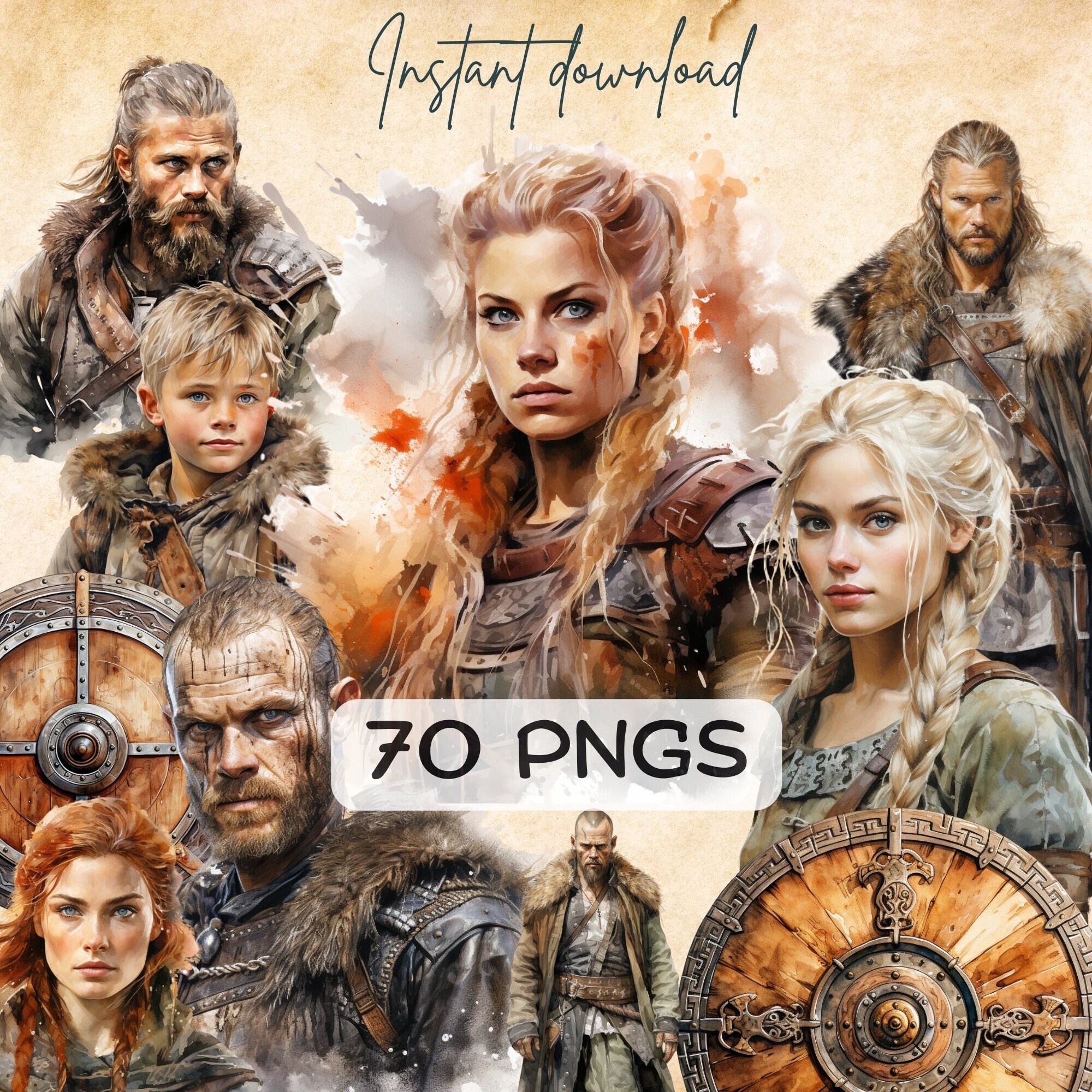 Nordic Vikings Clipart Bundle 70 PNG, Shield Maiden, Norse Mythology ...