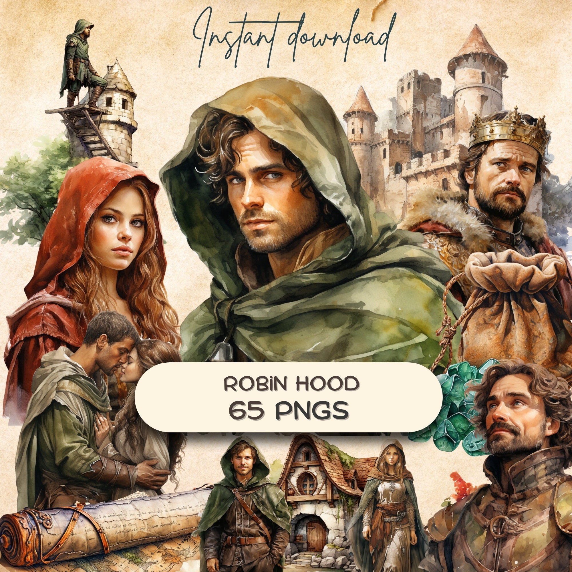 Robin Hood Clipart Bundle 65 PNG, Medieval Fantasy Scrapbooking, Maid ...