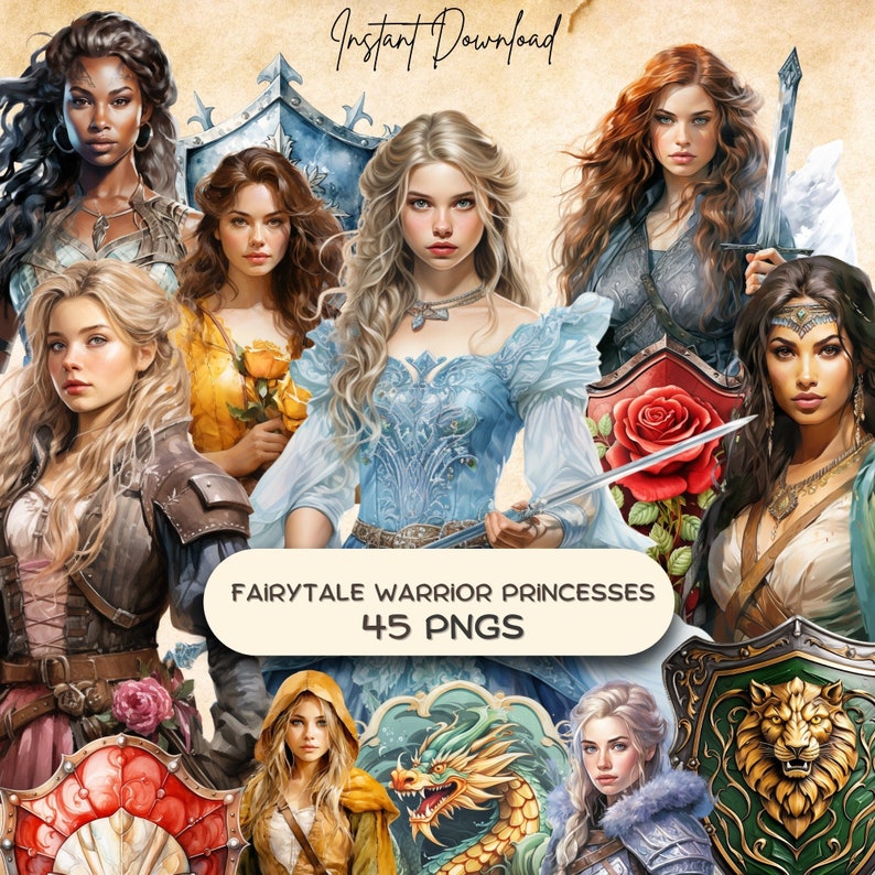 Fairytale Warrior Princesses Clipart Bundle (45 PNG), Bookish Fantasy ...