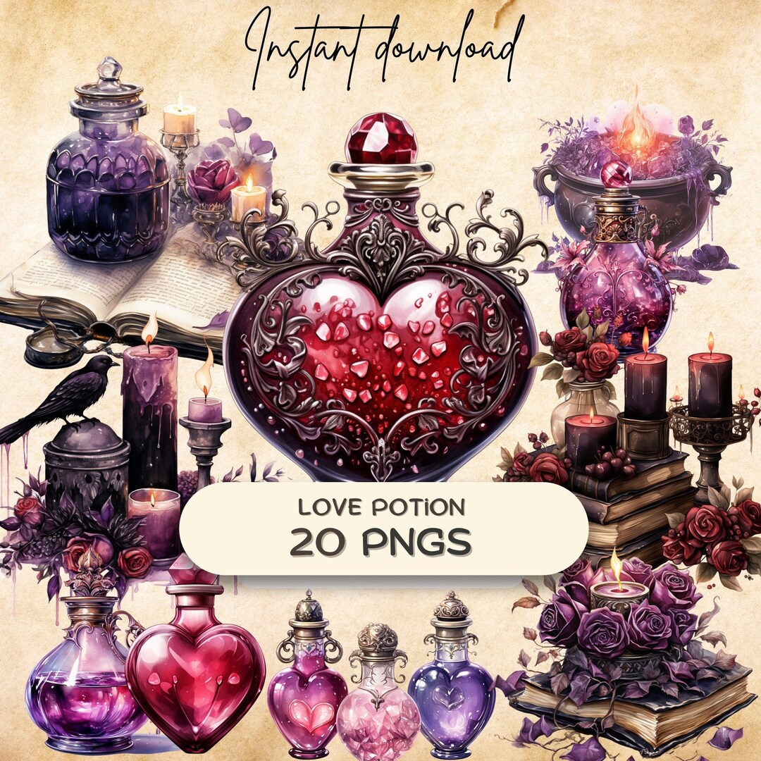 Love Potion Clipart Bundle (20 Pngs), Magic School Supplies, Fantasy ...