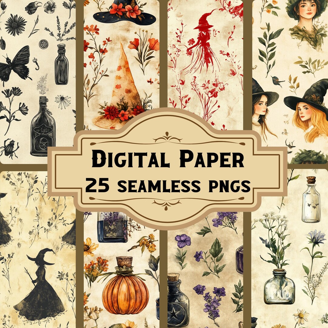 Witchy Digital Paper/seamless Patterns (25 PNG), Botanical Magic Junk ...