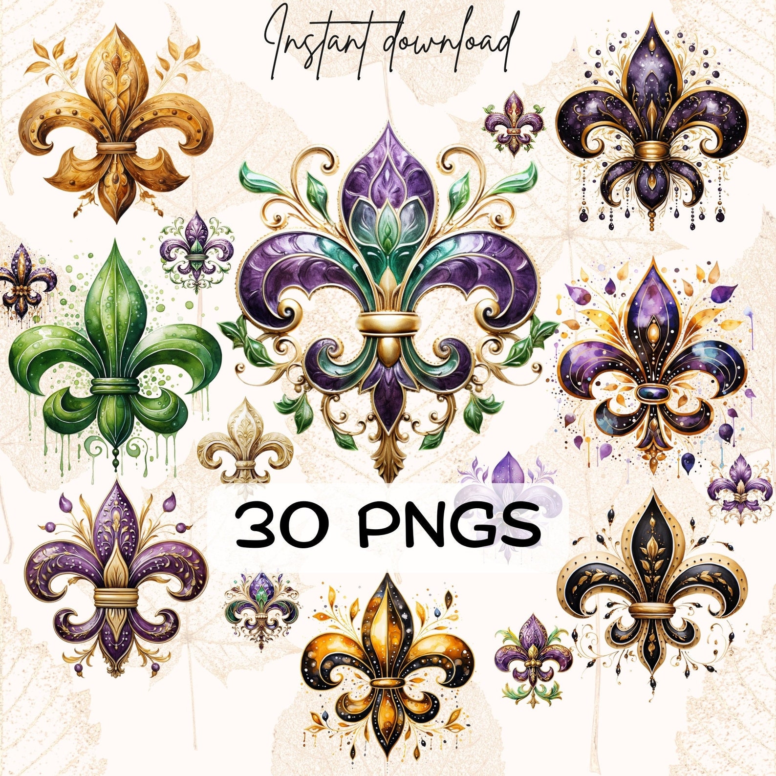NOLA Fleur De Lis Clipart Bundle 30 Pngs, Cajun Mardi Gras, New Orleans ...