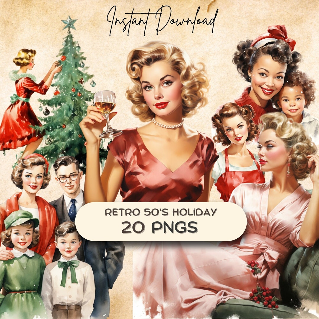 Vintage 50s Christmas Clipart Bundle (20 PNG): Retro Housewife Art ...