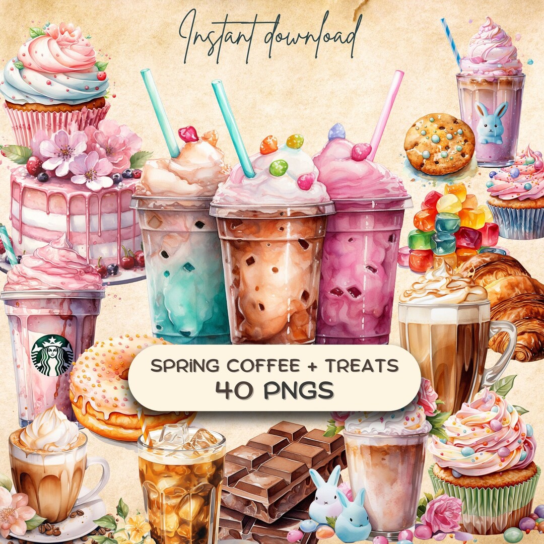 Spring Coffee & Sweet Treats Clipart Bundle (40 PNG), Easter Iced Latte ...