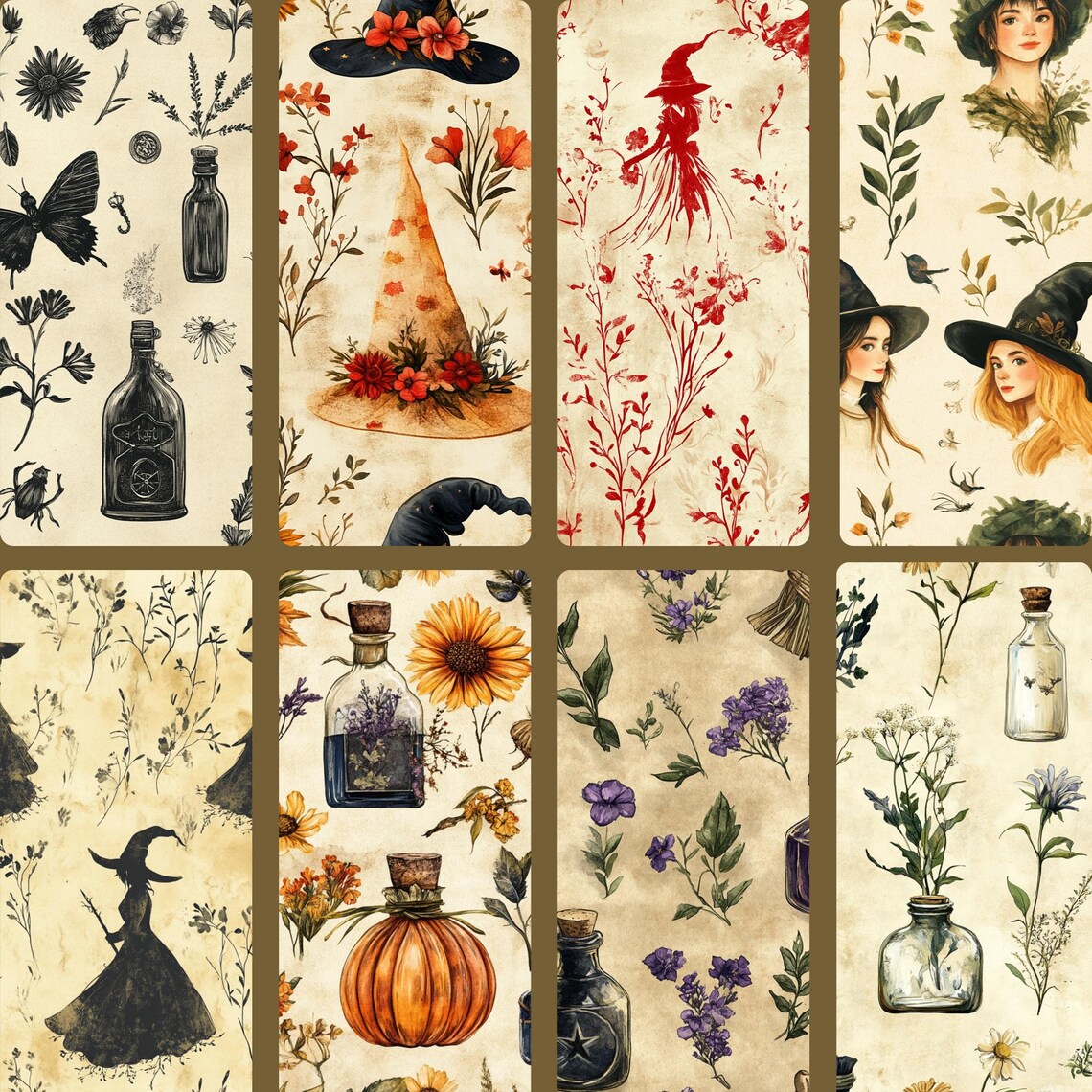 Witchy Digital Paper/seamless Patterns (25 PNG), Botanical Magic Junk ...