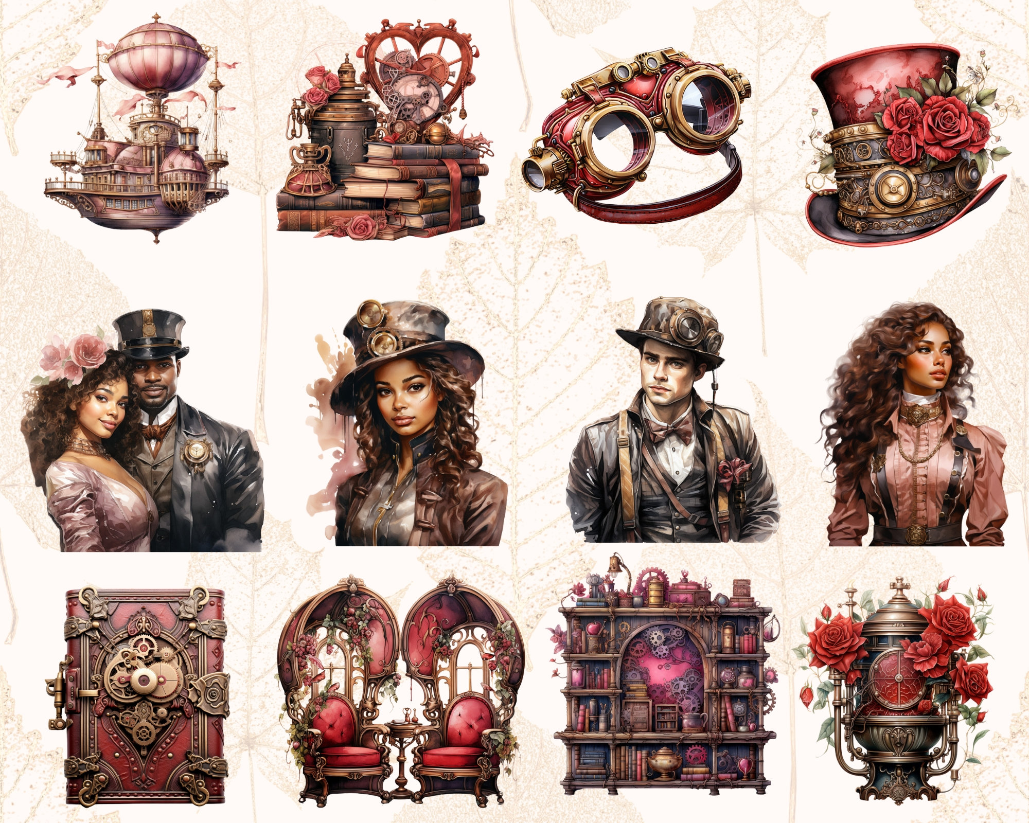Steampunk: Romance Clipart Bundle (100 PNG), Victorian Love, 1800s Gear ...