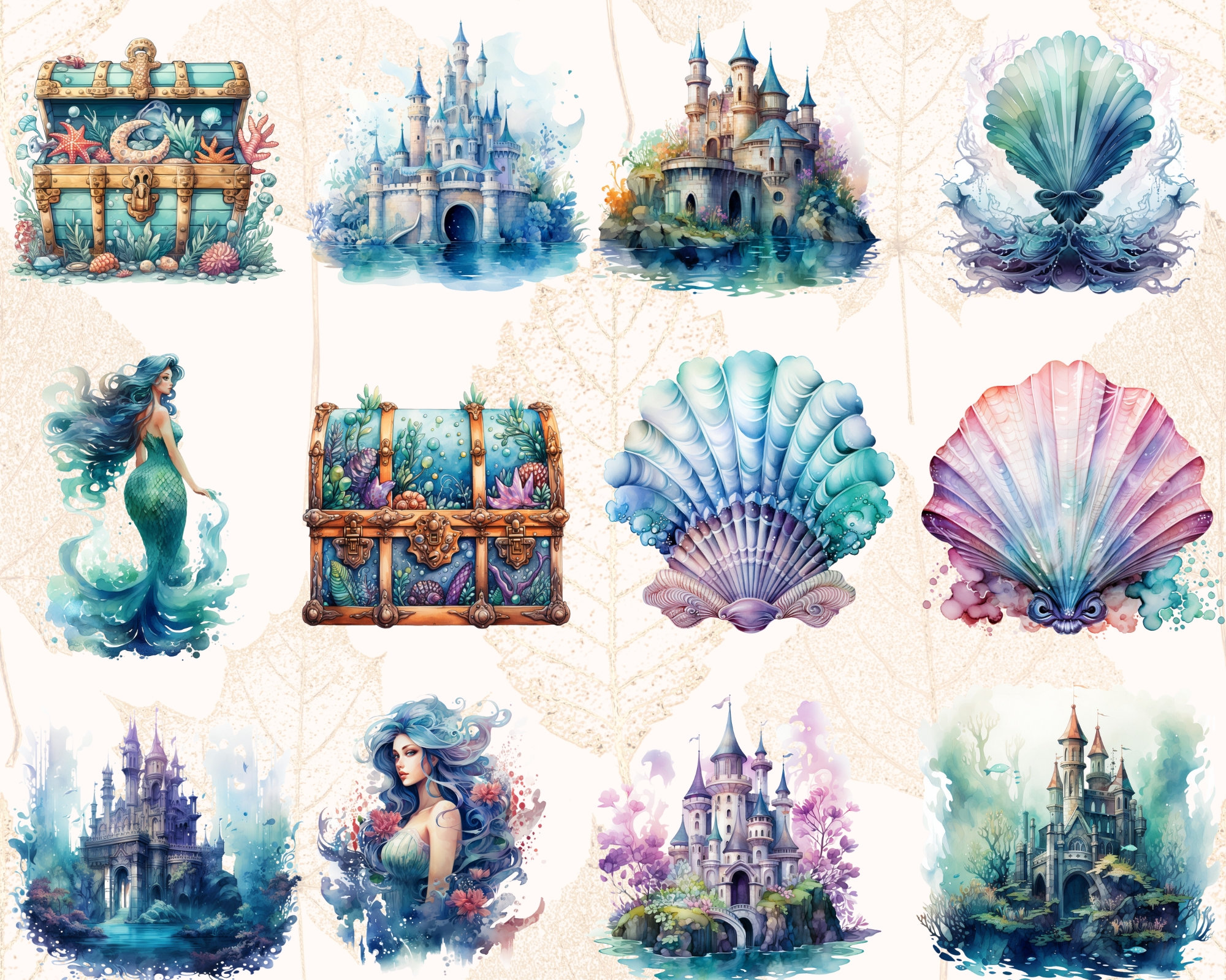 Mermaid Princess Watercolor Clipart 130 Pngs, Sea Creature Illustration ...