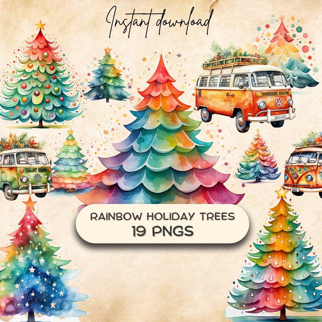 Rainbow Hippie Pine Tree (19 Pngs), Retro Holiday Season Clipart, 70s ...