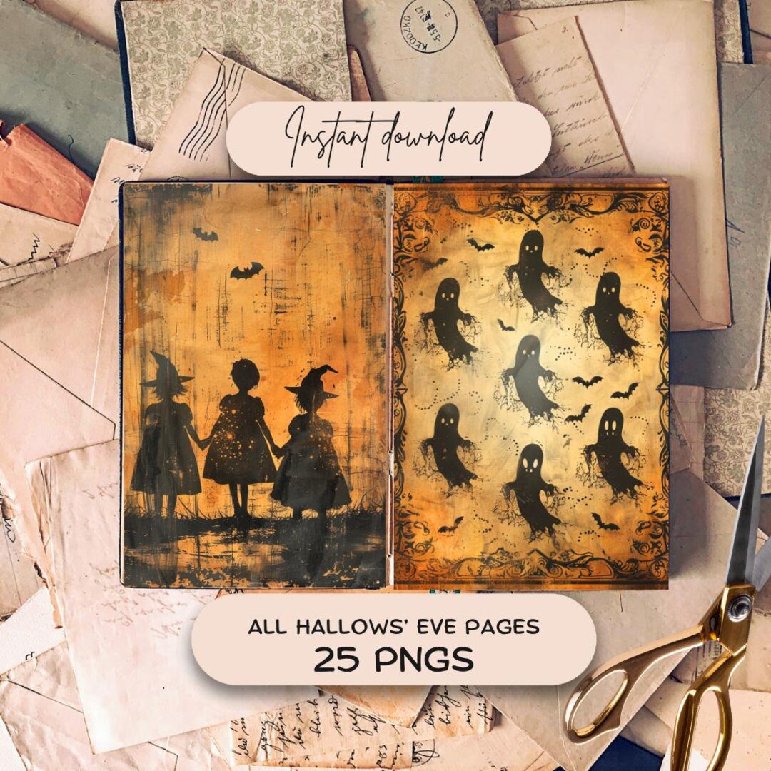 All Hallows' Eve Junk Journal Pages (25+ PNG), Witchy Scrapbooking ...