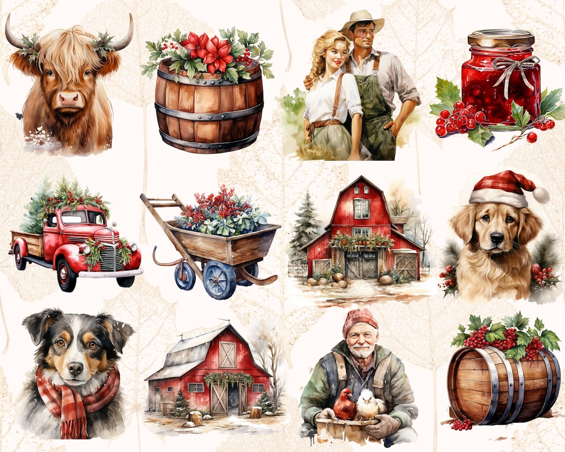 Country Christmas Clipart 30 PNG, Holiday Truck Farm Animals, Ornament ...