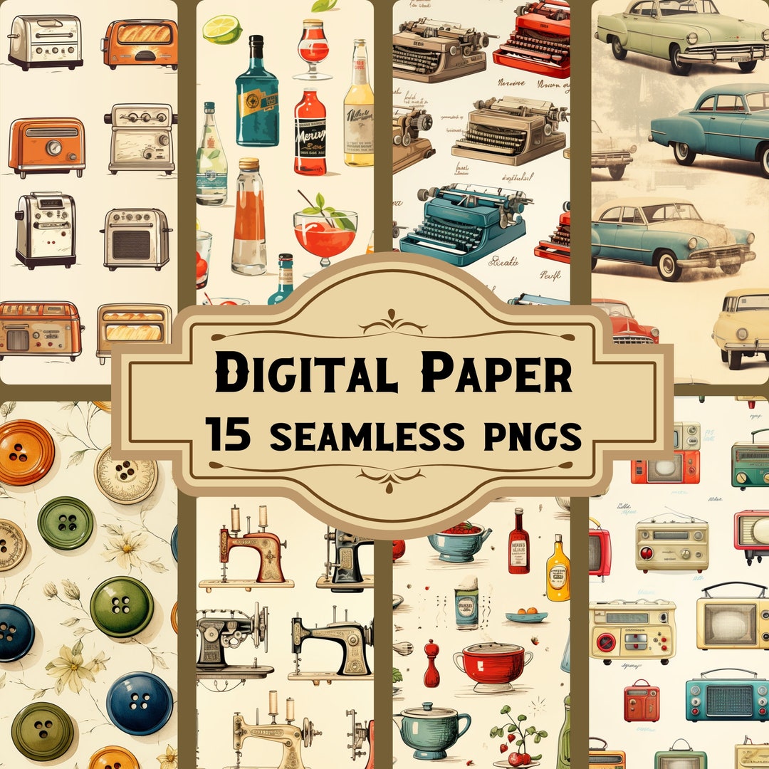 50s Retro Tech Digital Paper/seamless Patterns (15 PNG), Junk Journal ...