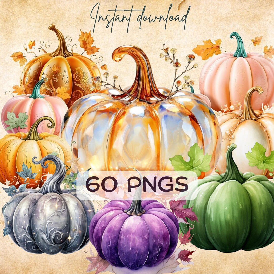 Vintage Pumpkins Clipart Bundle 60 PNG, Watercolor Ornate Gourdcore ...