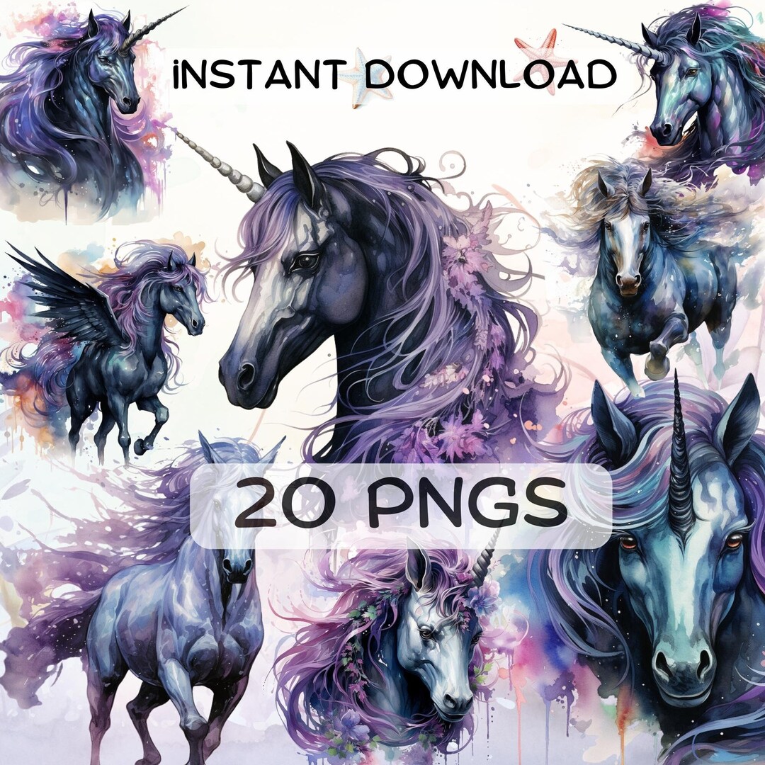 Dark Fantasy Unicorn Clipart 20 Pngs, Watercolor Magic Creature Art ...
