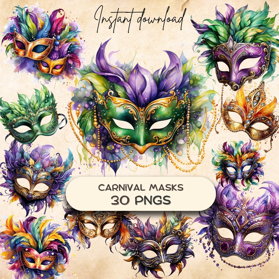 Mardi Gras Masks Clipart Bundle (30 Pngs), New Orleans Carnival Season ...