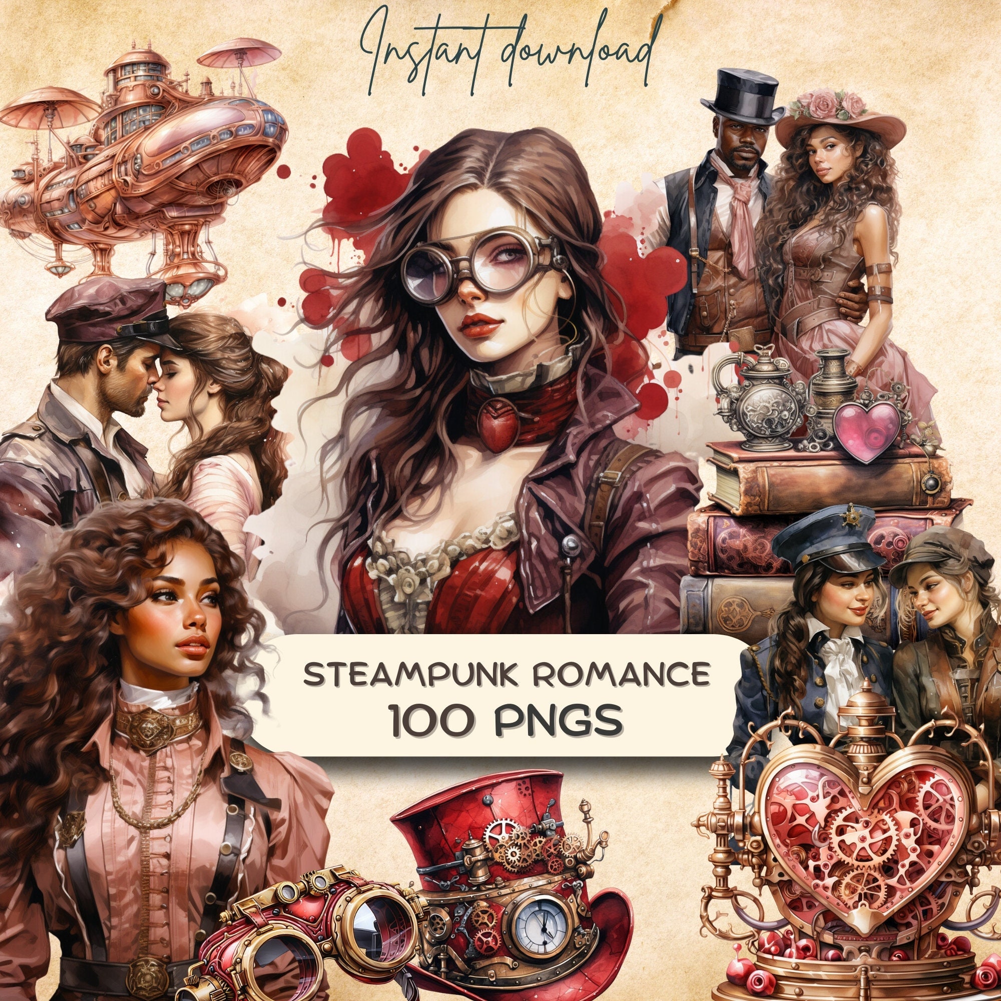 Steampunk: Romance Clipart Bundle (100 PNG), Victorian Love, 1800s Gear ...