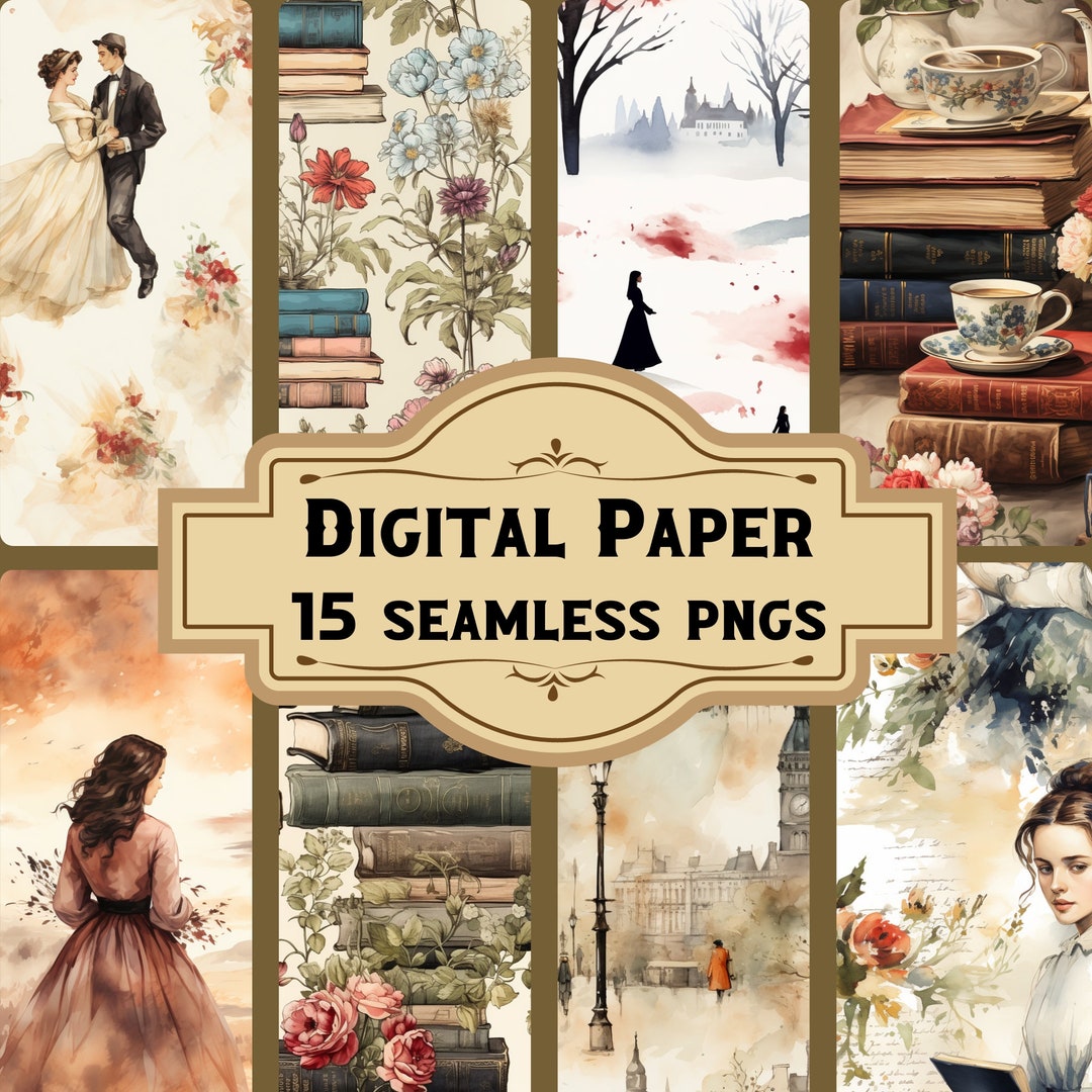 Victorian Bookish Romance Digital Paper/seamless Patterns (15 PNG ...