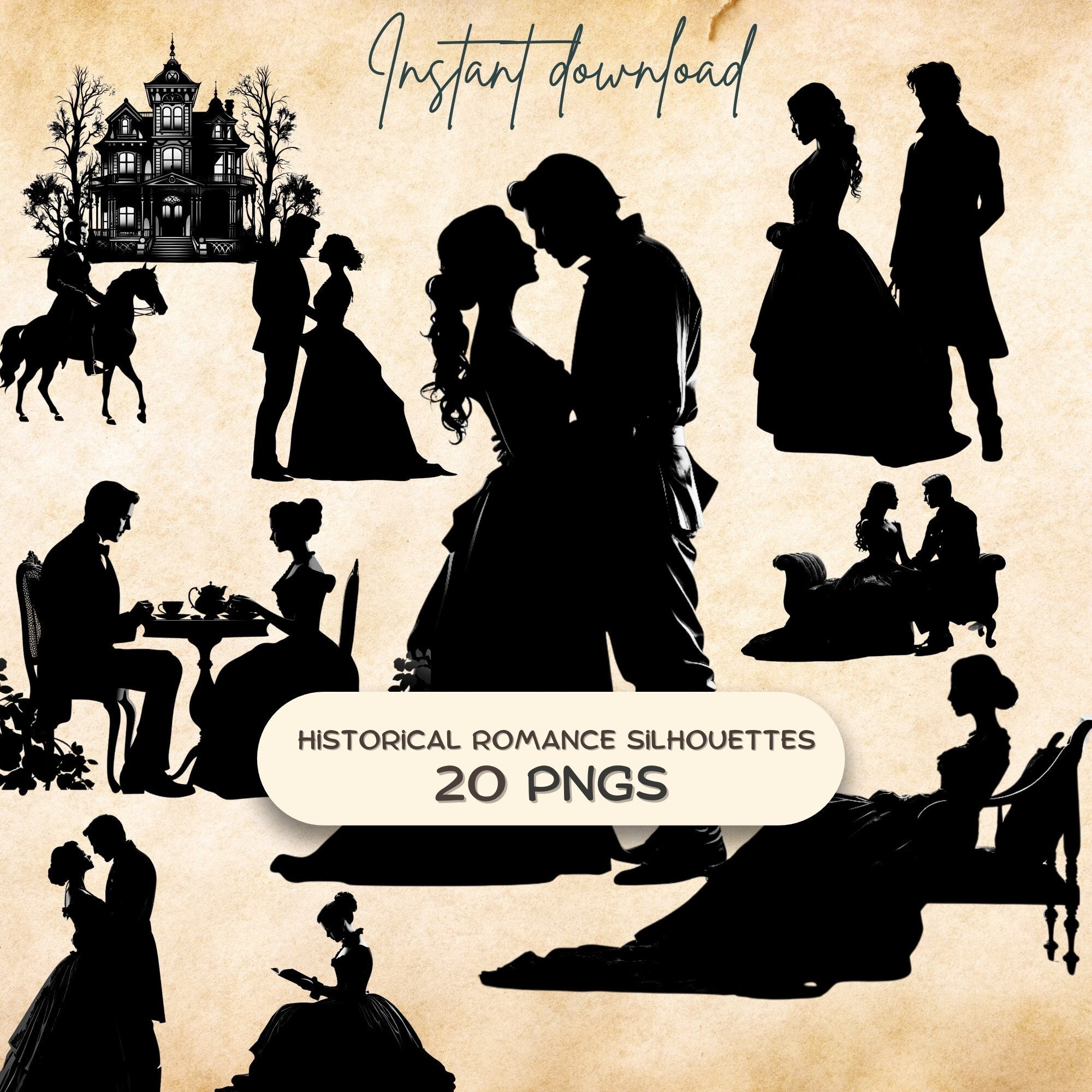 Historical Romance Silhouettes Clipart Bundle 20 PNG, Black-and-white ...