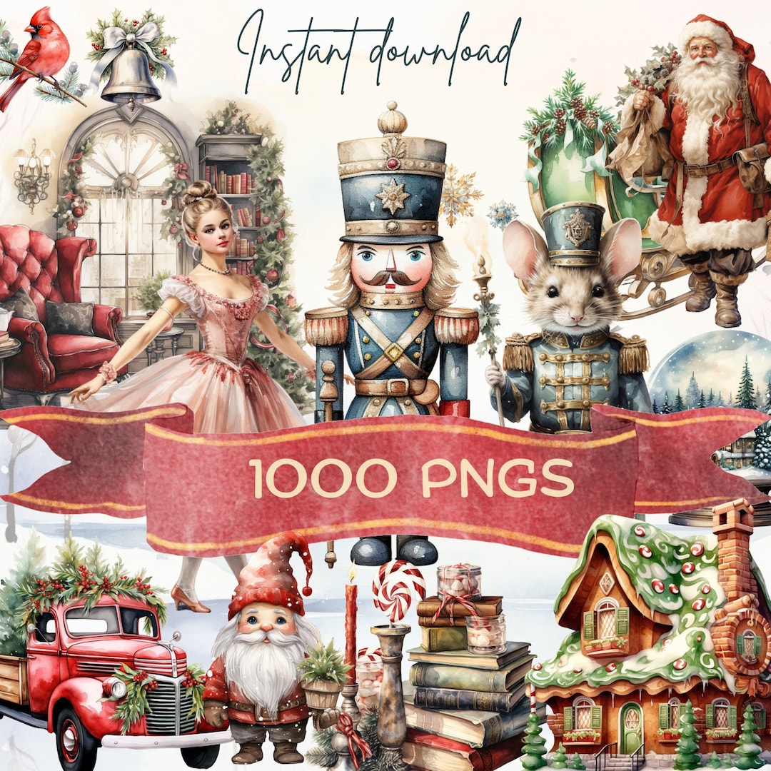 Vintage Christmas MEGA Bundle 1000 PNG Watercolor Clipart, Holiday Card ...