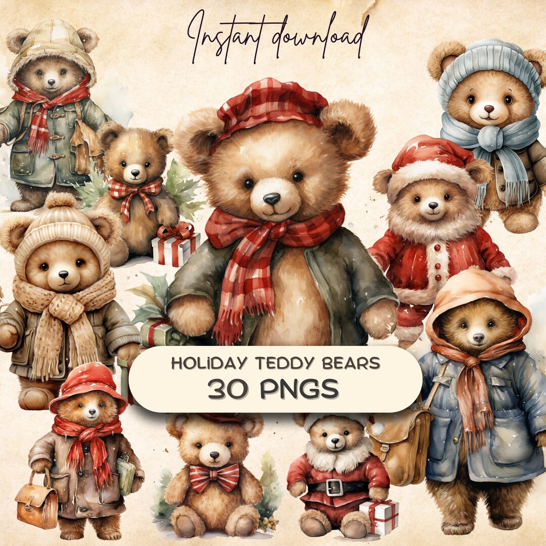 Holiday Teddy Bear Clipart (30 Pngs), Watercolor Christmas Season, Cute ...