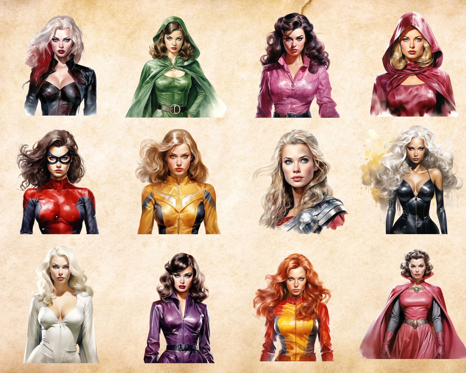 50s Female Superheroes Clipart Bundle 25 PNG, Retro Vigilantes Fantasy ...