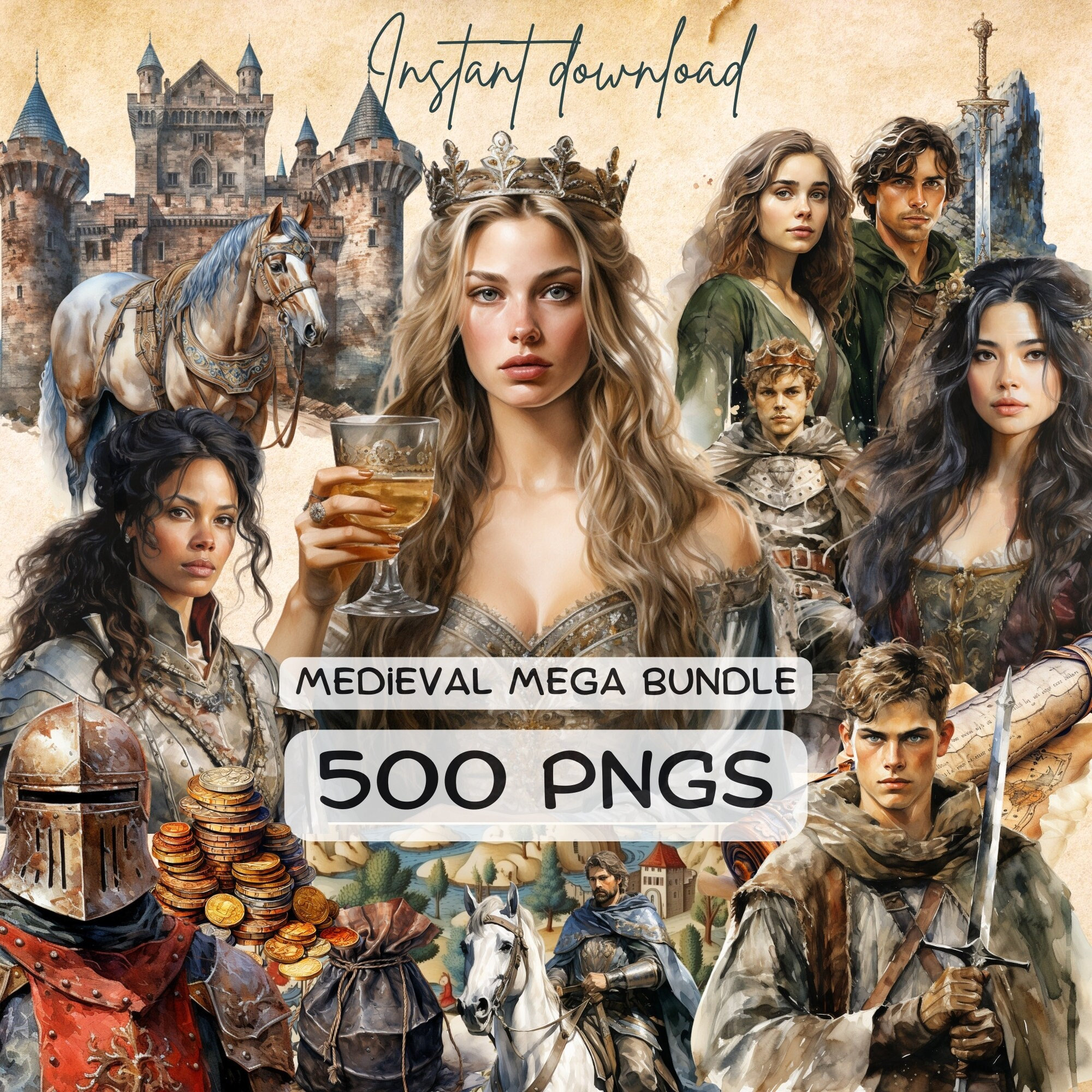 Medieval MEGA Clipart Bundle 500 PNG, Fantasy Romance Scrapbooking ...