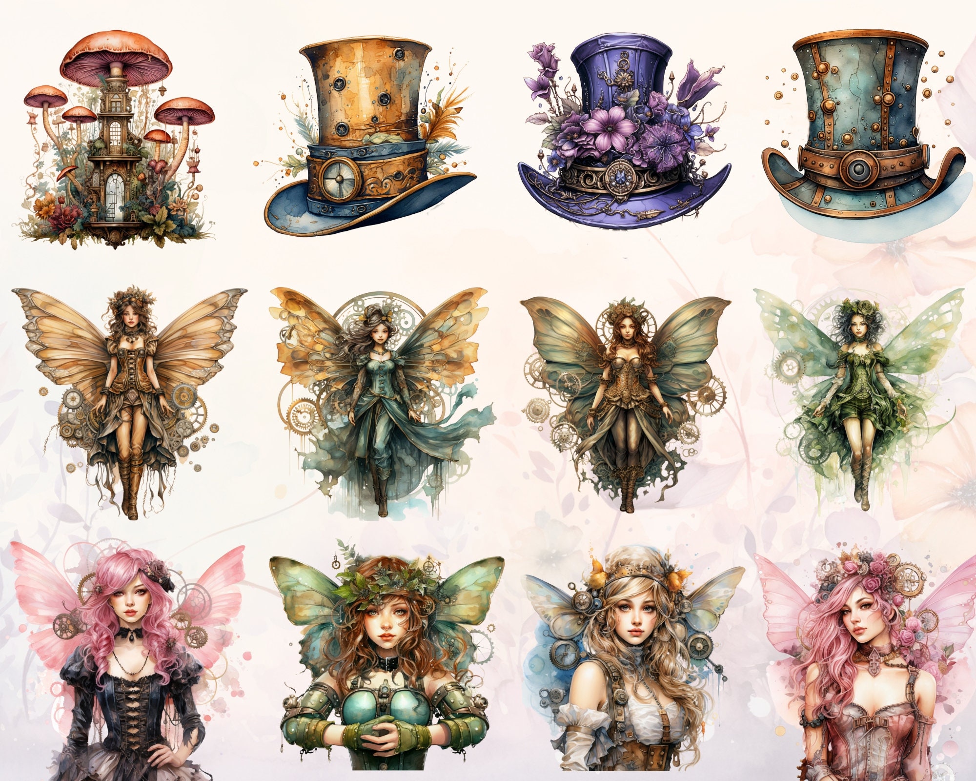 Steampunk Fairy Clipart (53 Pngs), Watercolor Fae Bundle, Fantasy ...