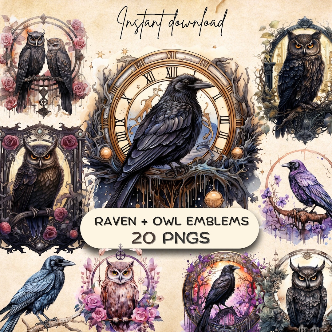 Raven + Owl Emblems Clipart (20 Pngs), Watercolor Magic Creature Art ...