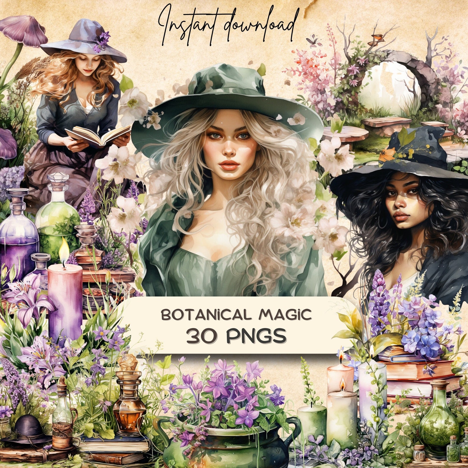 Botanical Magic Clipart 30 PNG, Shabby Chic Fantasy Scrapbooking ...