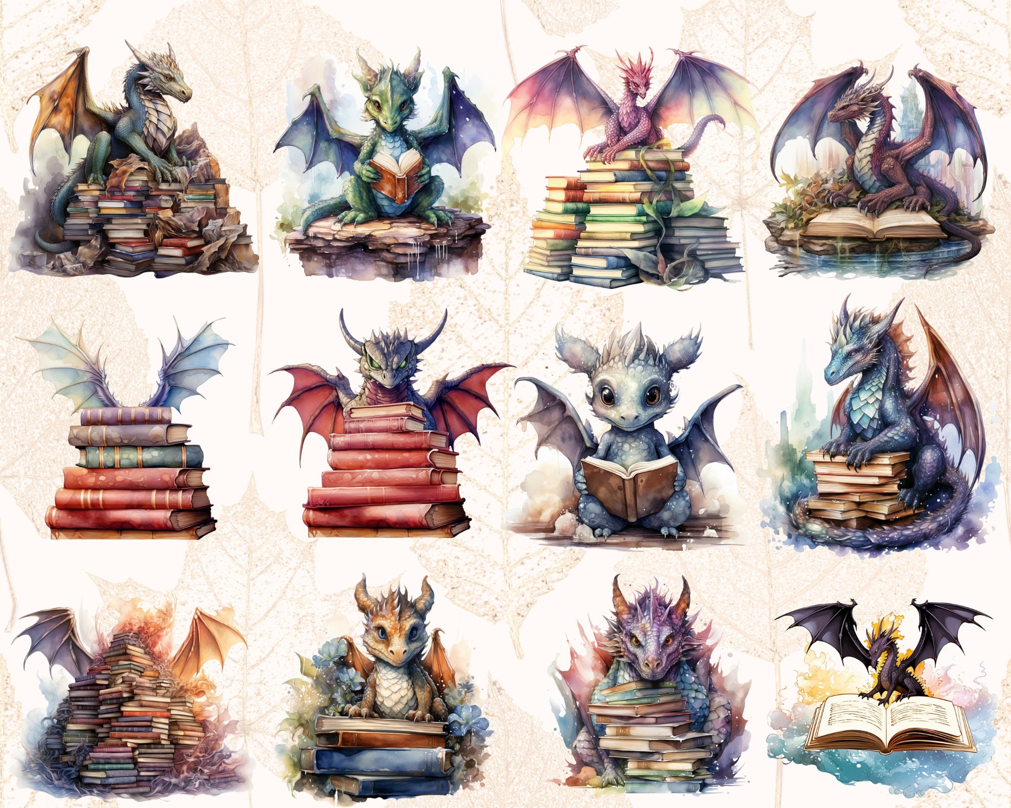 Bookish Dragon Clipart Bundle 20 Pngs, Watercolor Magical Creature Art ...