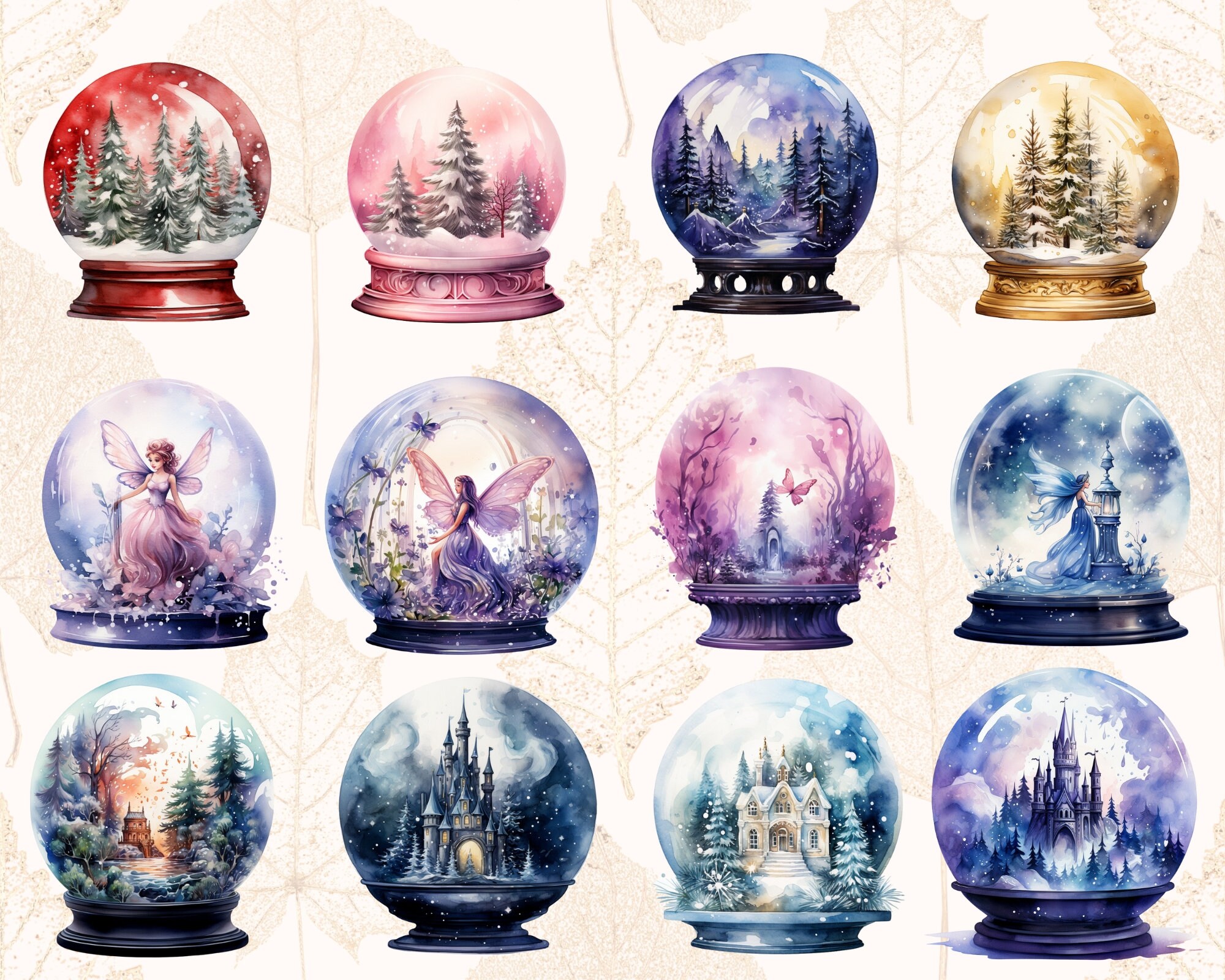 Winter Fantasy Snowglobe Clipart Bundle 60 PNG, Watercolor Holiday ...