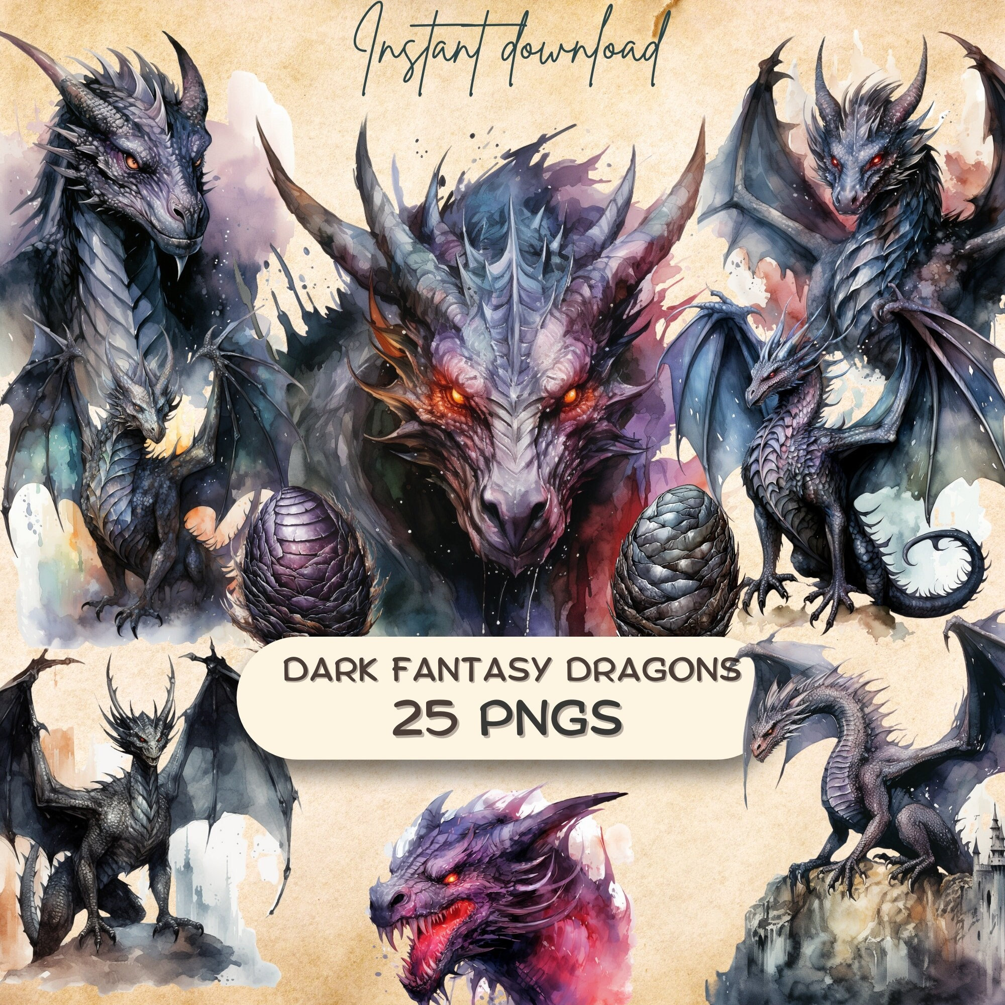 Dark Fantasy Dragon Clipart (25 Pngs), Watercolor Magic Creature Art ...