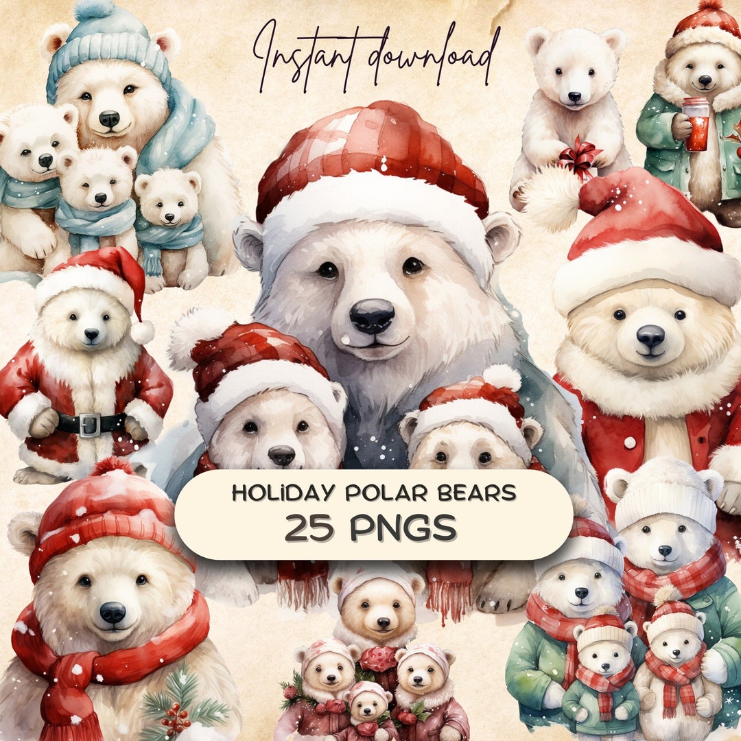 Christmas Wildlife Polar Bear Clipart (25 Pngs), Xmas Season, Cute ...