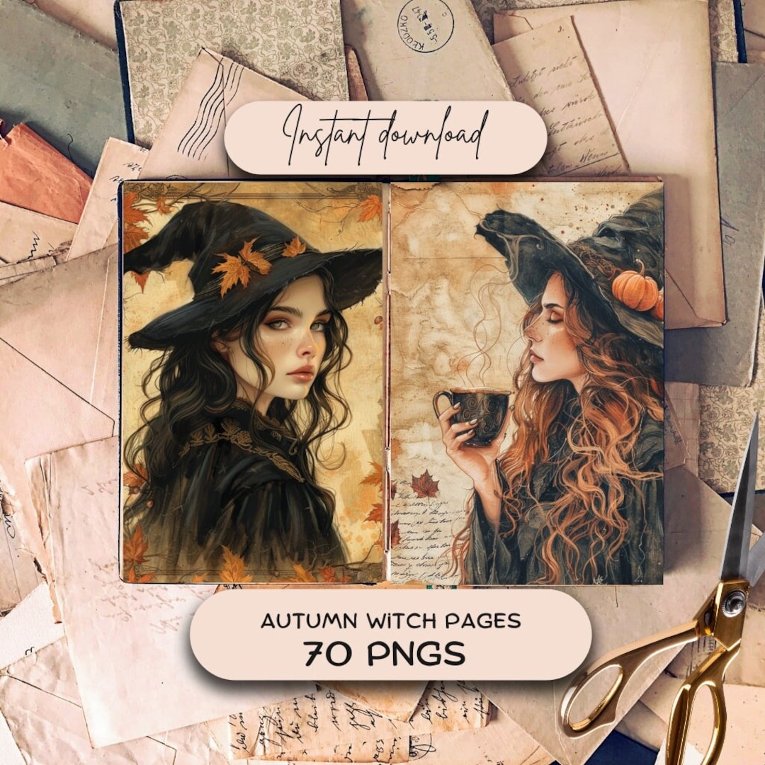 Autumn Witch Junk Journal Pages (70 PNG), Witchy Scrapbooking Paper ...