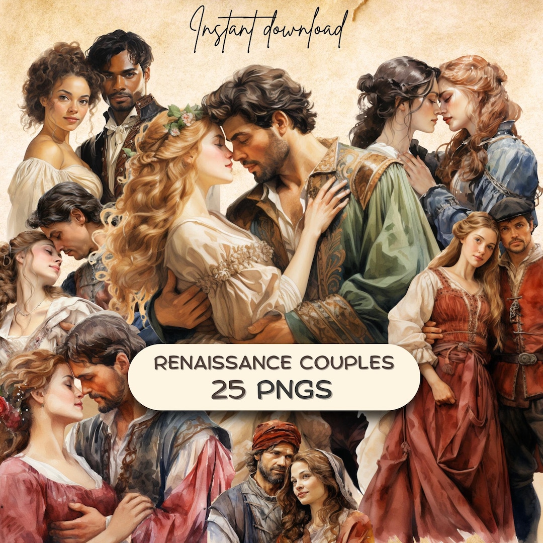Renaissance Couples Clipart Bundle (25 PNG), Fantasy Romance ...