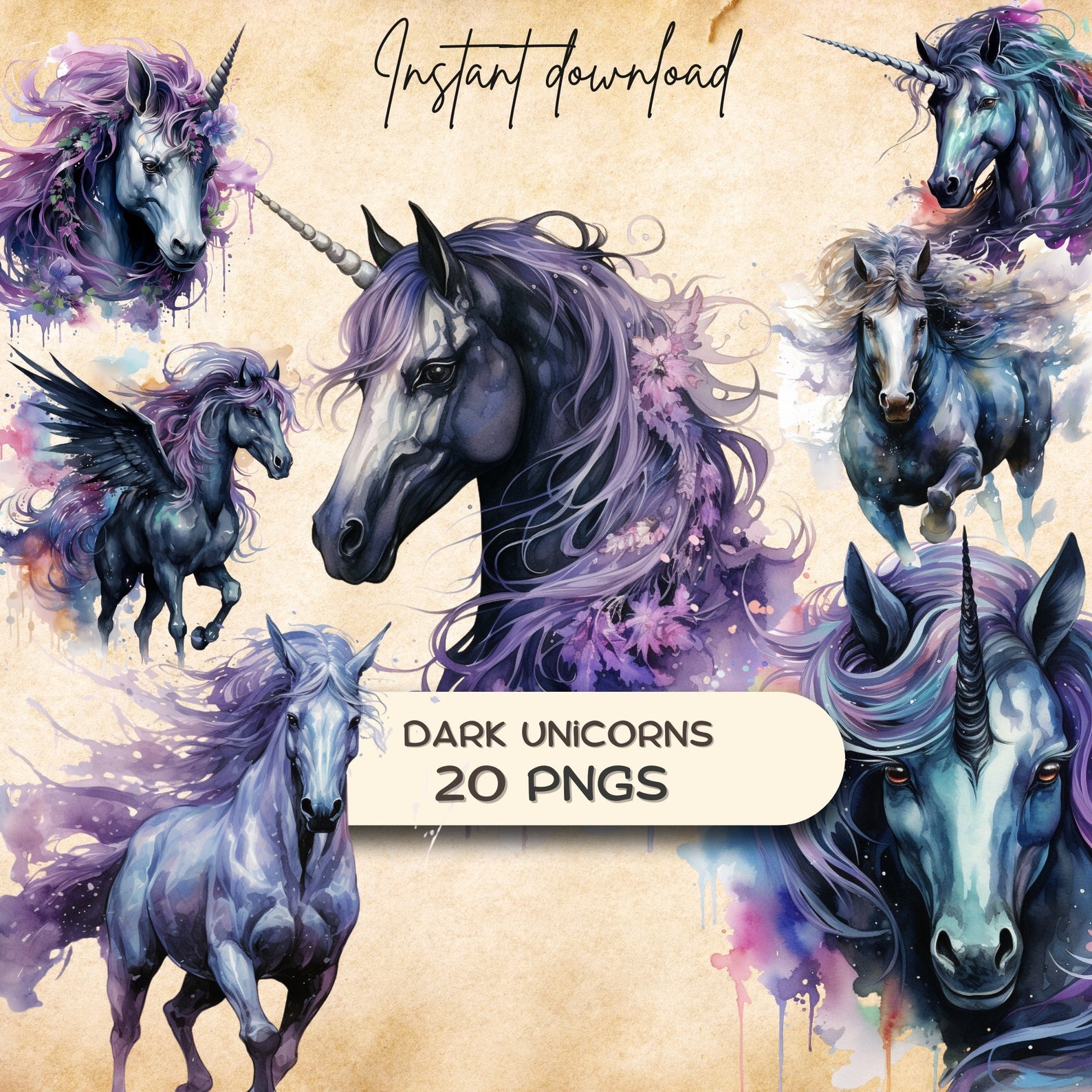 Dark Fantasy Unicorn Clipart (20 Pngs), Watercolor Magic Creature Art ...