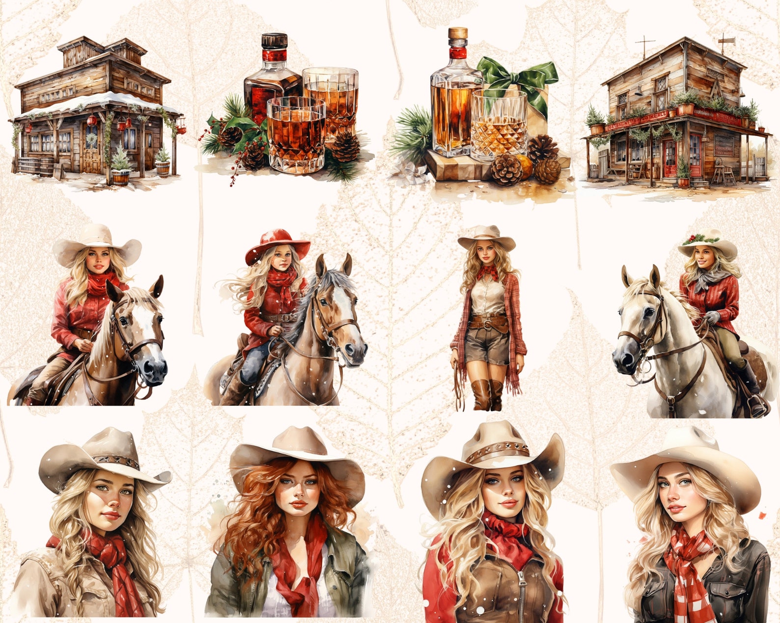 Western Christmas Cowgirl Clipart 40 Pngs, Watercolor Xmas Bundle ...