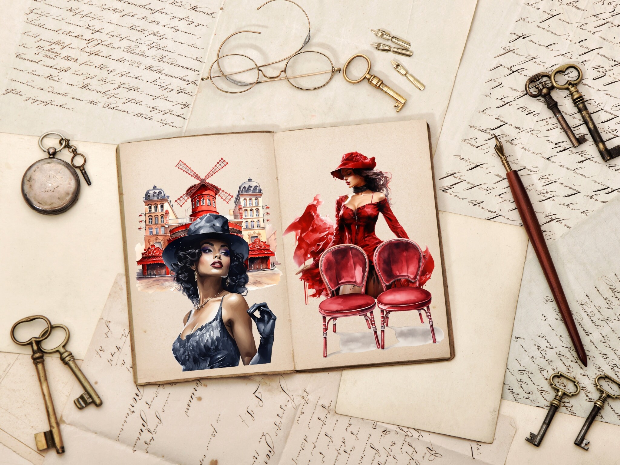 Cabaret Clipart Bundle 40 Pngs, Watercolor Vintage Dancers, Printable ...