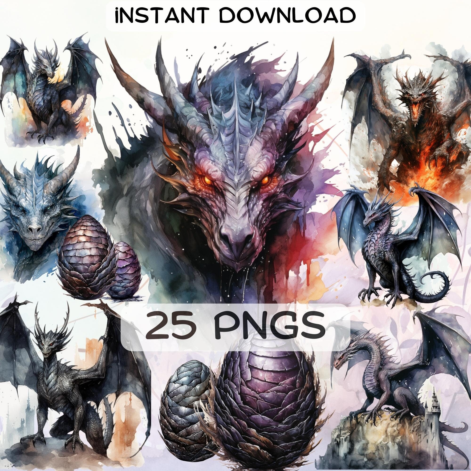 Dark Fantasy Dragon Clipart 25 Pngs, Watercolor Magic Creature Art ...