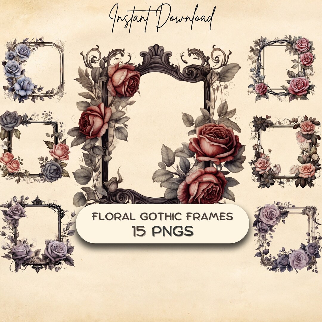 Floral Gothic Frame Clipart (15 PNG), Watercolor Bundle, Vintage ...