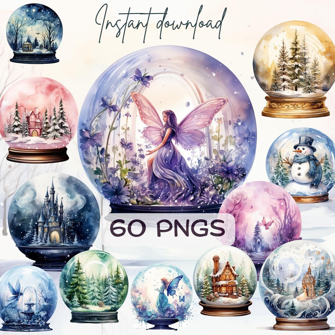 Winter Fantasy Snowglobe Clipart Bundle 60 PNG, Watercolor Holiday ...