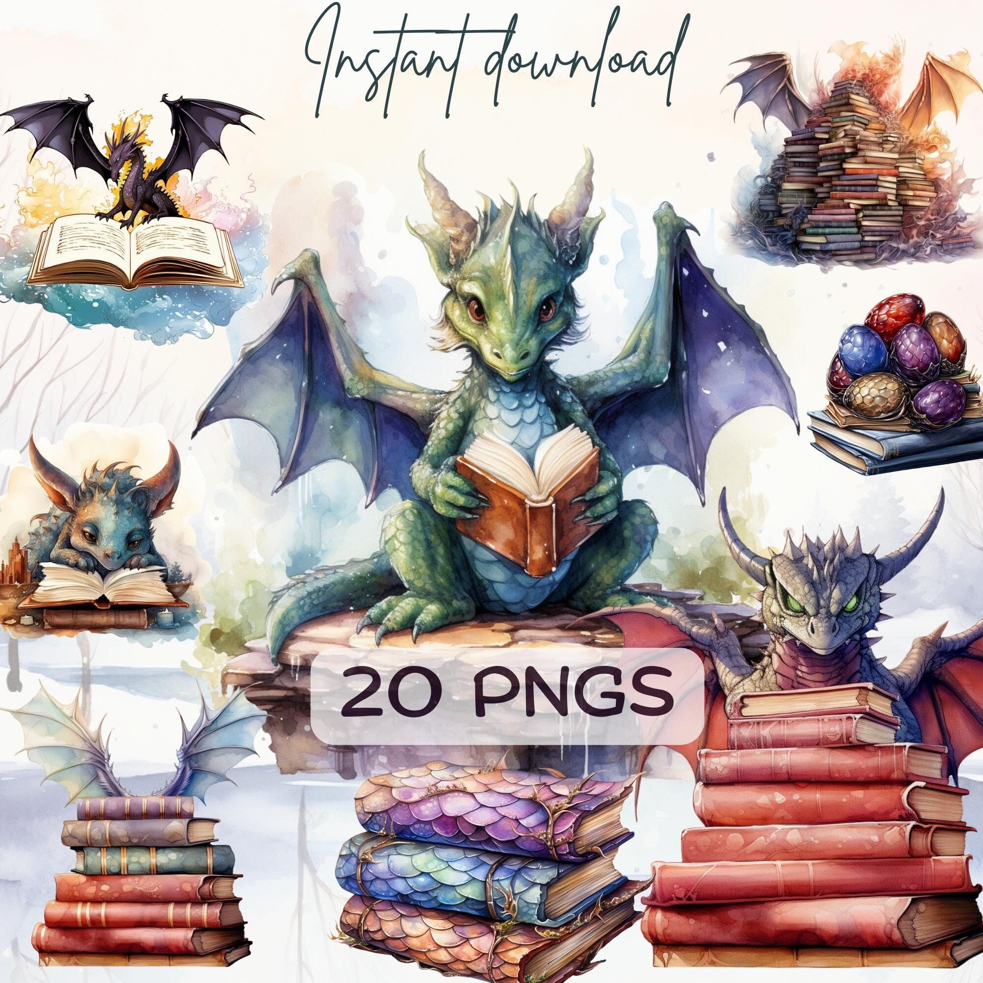 Bookish Dragon Clipart Bundle 20 Pngs, Watercolor Magical Creature Art ...