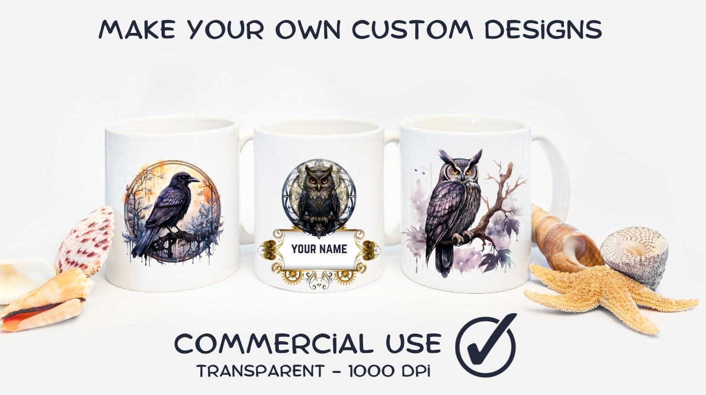 Raven + Owl Emblems Clipart (20 Pngs), Watercolor Magic Creature Art ...