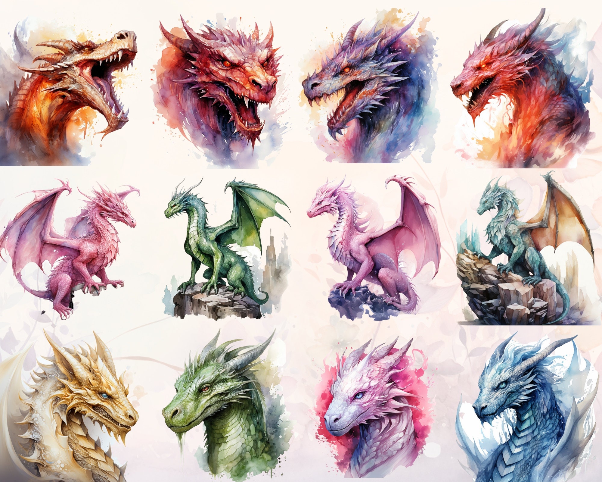 Watercolor Fantasy Dragon Clipart 35 Pngs, Magic Creature Art, Mythical ...
